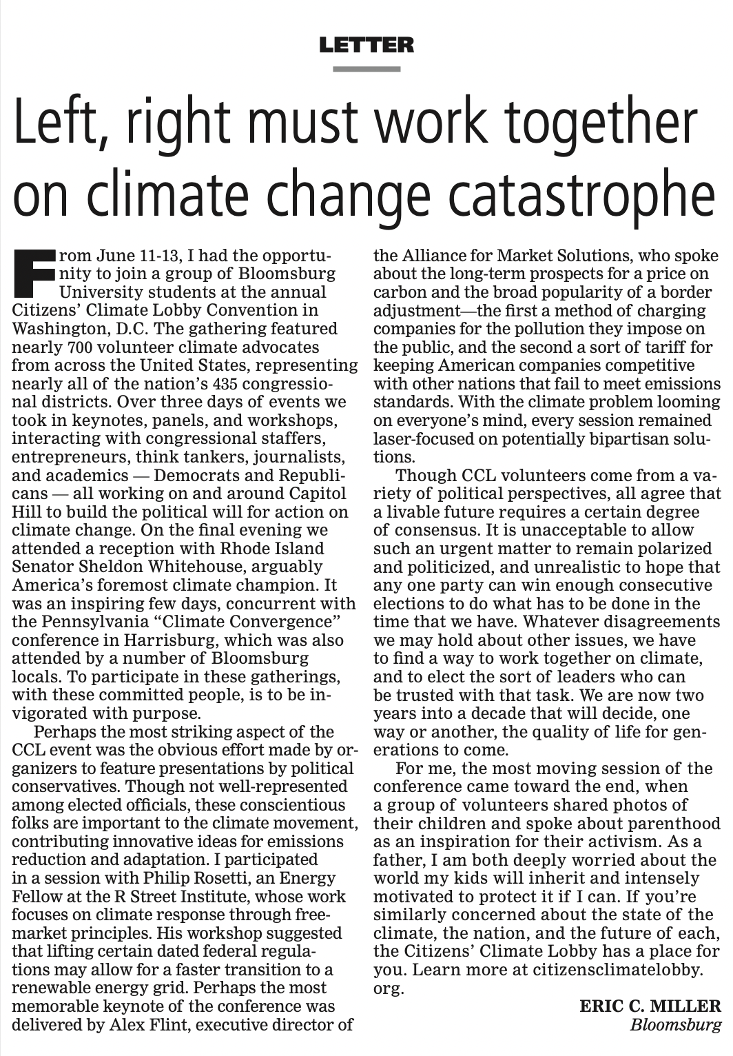 Letter #12 – Left, Right Must Work Together on Climate | PA Bloomsburg ...