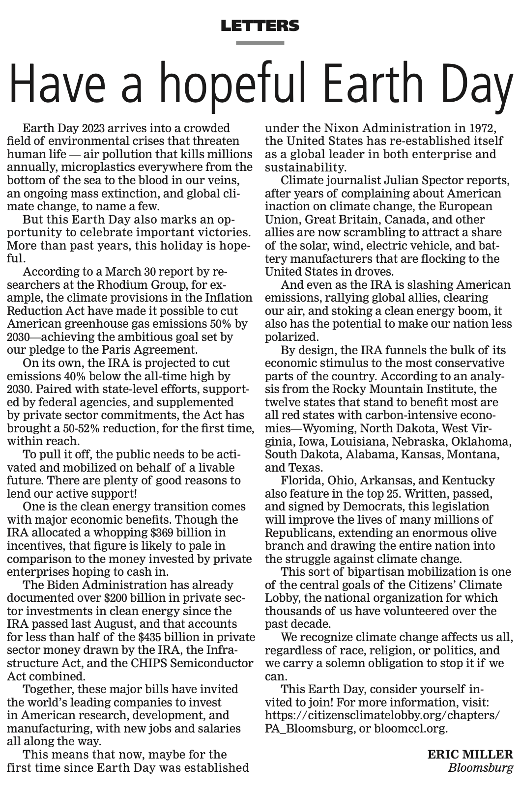 Letter #15 – Happy Earth Day! | PA Bloomsburg Citizens' Climate Lobby